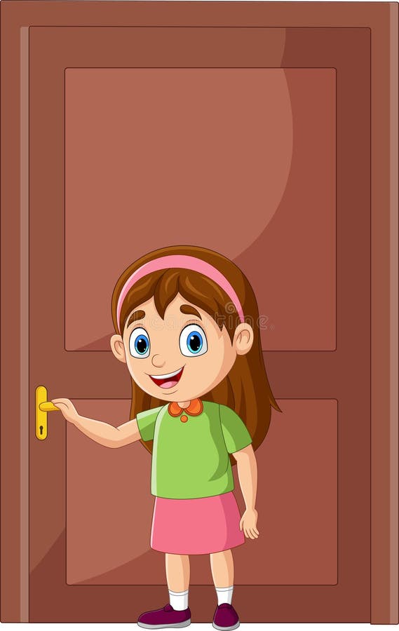 Cartoon Little Girl Opening Door Stock Vector - Illustration of inside ...