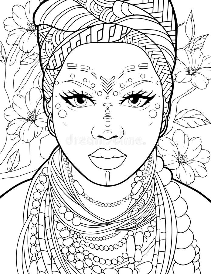 Hand Drawn Beauty Girl Coloring Page, African Woman Coloring Page Stock ...