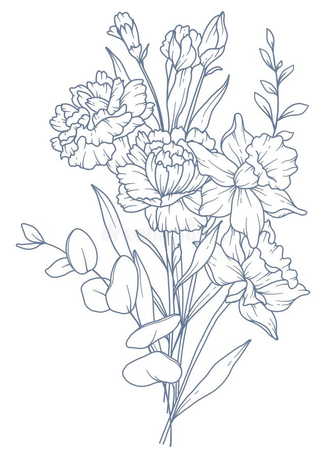Wildflowers Line Drawing. Black and White Floral Bouquets. Flower ...