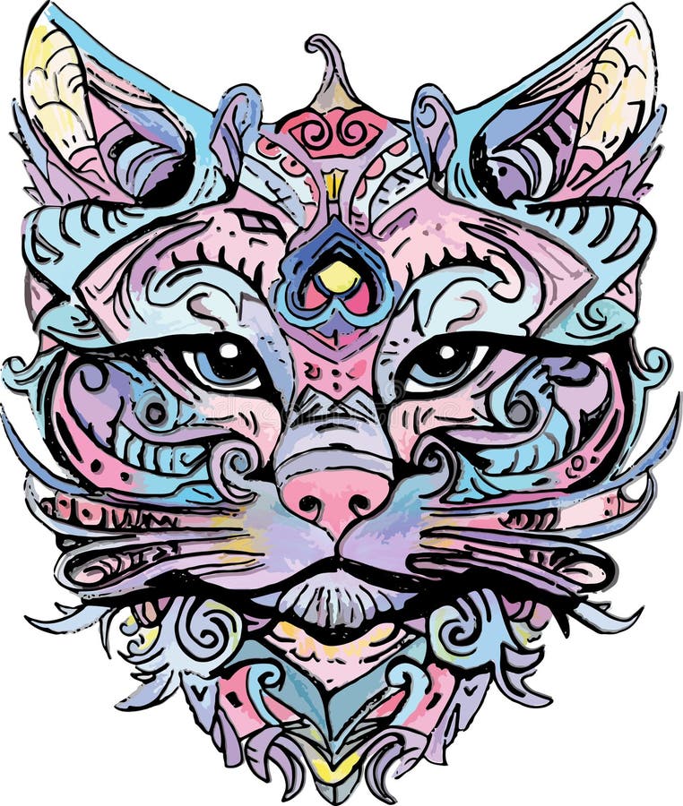 Cat Head Illustration with Mandala Designs Stock Vector - Illustration ...