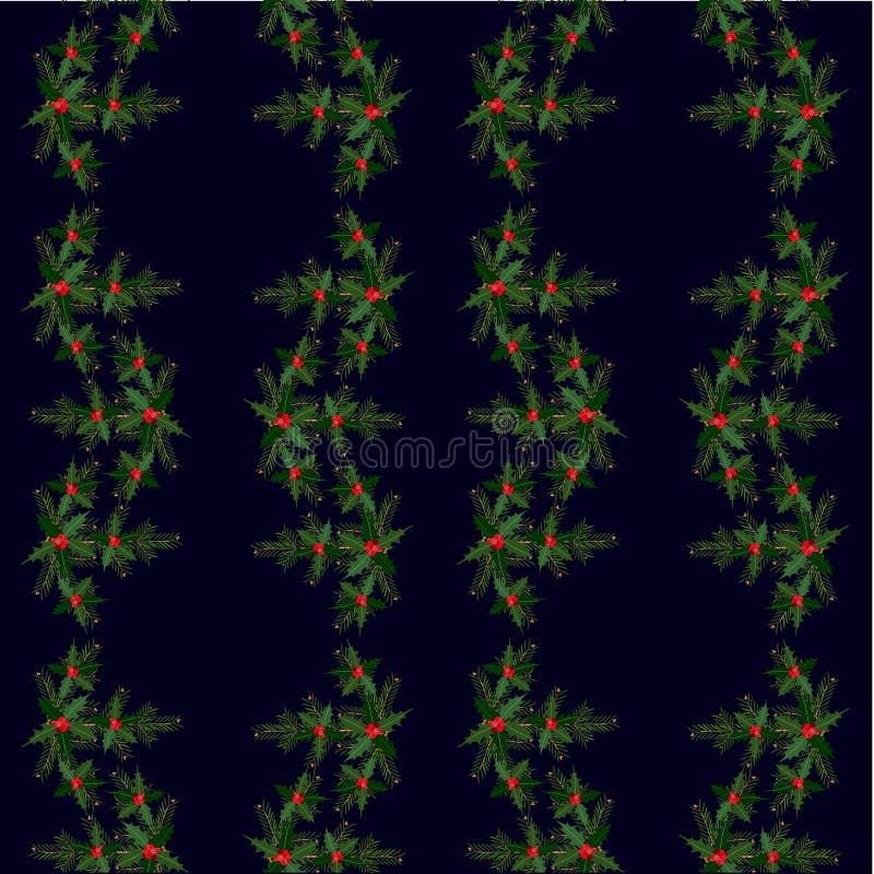 Holly Seamless Pattern on Black. Green Leaves, Red Fruits Background ...