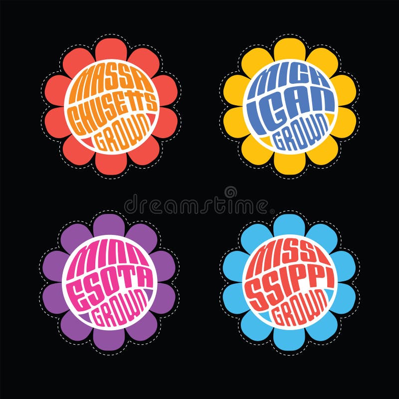 Set of Retro Psychedelic Daisies with US State Names in the Center ...