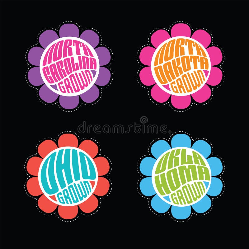 Set of Retro Psychedelic Daisies with US State Names in the Center ...