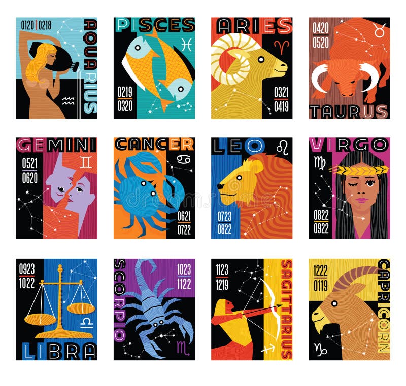 Illustrated Poster Set of the 12 Astrological Signs of the Zodiac Stock ...