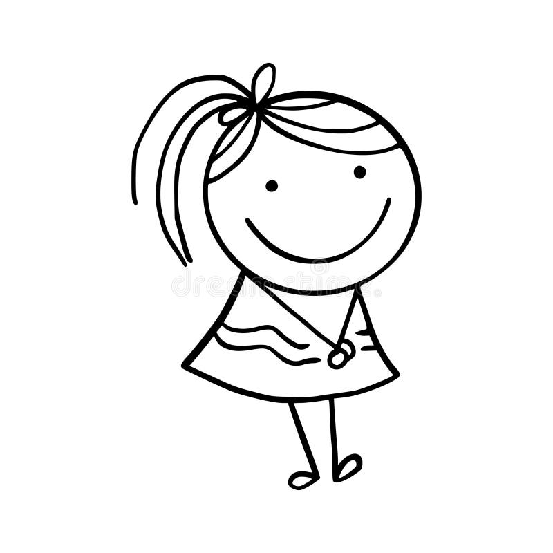 Hand-Drawn Line Art Cartoon of Happy Kids. Children Illustration Stock ...