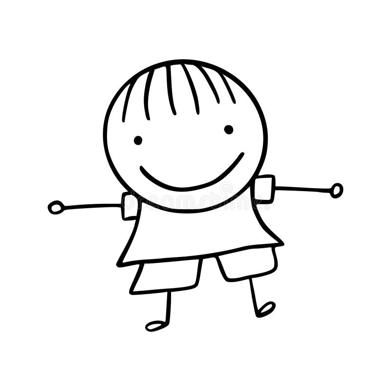 Hand-Drawn Line Art Cartoon of Happy Kids. Children Illustration Stock ...