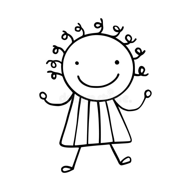 Hand-Drawn Line Art Cartoon of Happy Kids. Children Illustration Stock ...