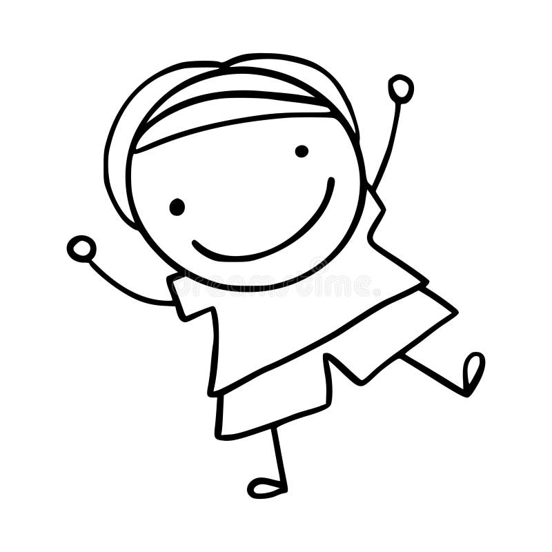 Hand-Drawn Line Art Cartoon of Happy Kids. Children Illustration Stock ...