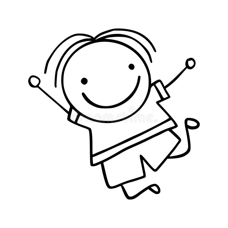 Hand-Drawn Line Art Cartoon of Happy Kids. Children Illustration Stock ...