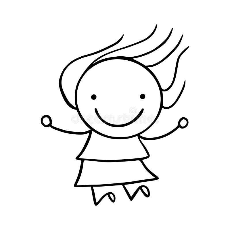 Hand-Drawn Line Art Cartoon of Happy Kids. Children Illustration Stock ...