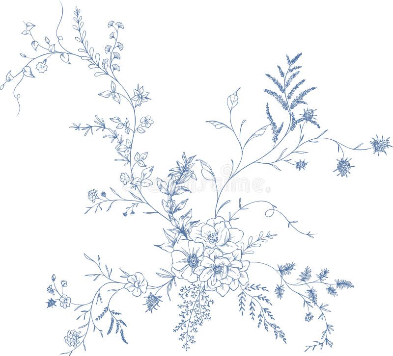 Botanical Floral Wreath Line Art, Elegant Blue Flower Wreath, Blue Line ...