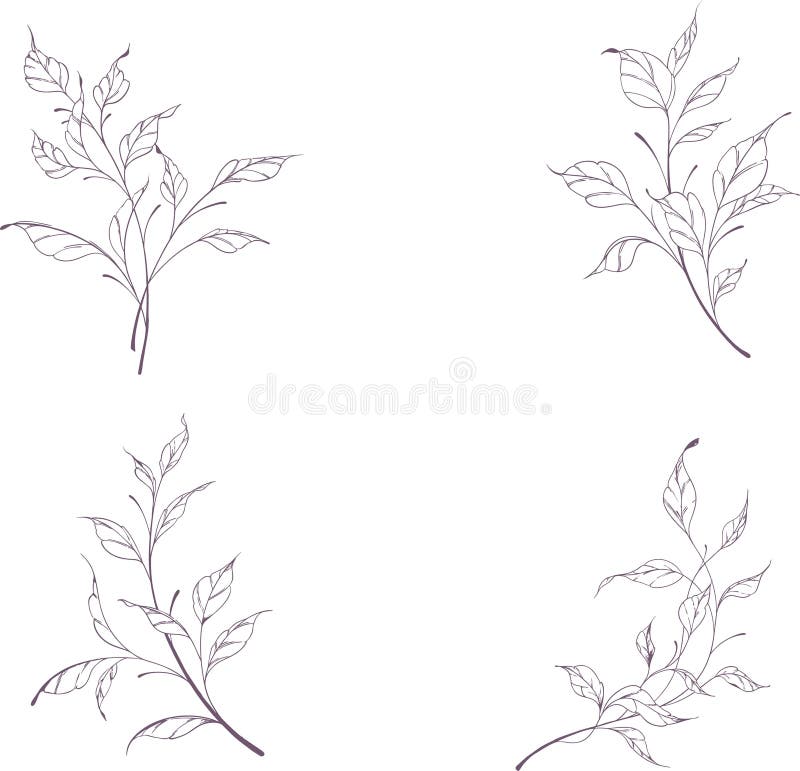 Vector Set Leaves Line Art Elements Hand Drawn Illustration, Leaves ...