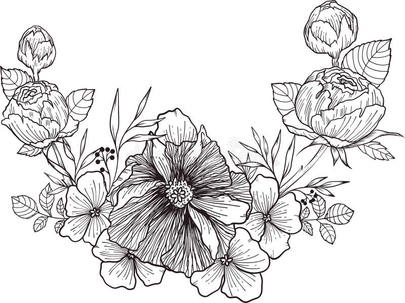 Vector Floral Peony and Little Leaves Wreath Frame. Botanical Hand ...