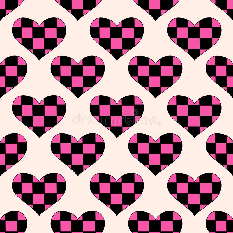Seamless Pattern with Hearts Checkered in Emo Style. Y2k. Black and ...
