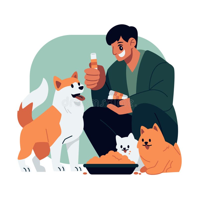 Man Feeding Cats and Dogs Vector Illustration in Flat Cartoon Style ...