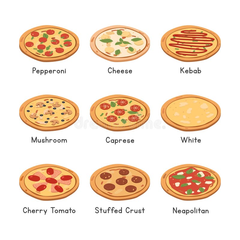 Diverse Types of Pizza Isometric Vector Set. Pepperoni, Cheese, Kebab ...