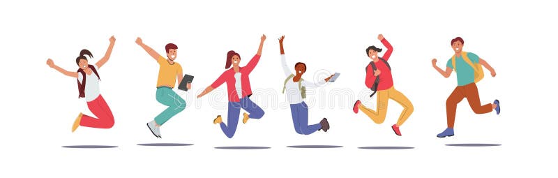 Set of Happy Students Characters Jumping with Backpacks and Textbooks ...