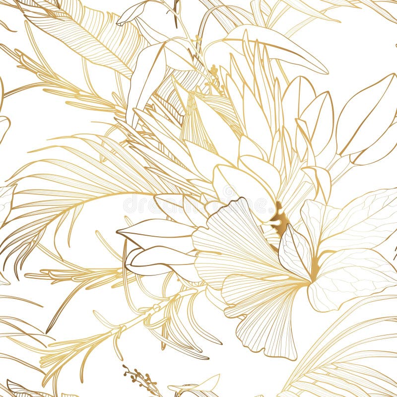 Luxury Gold Nature Background. Floral Seamless Pattern, Golden Exotic ...