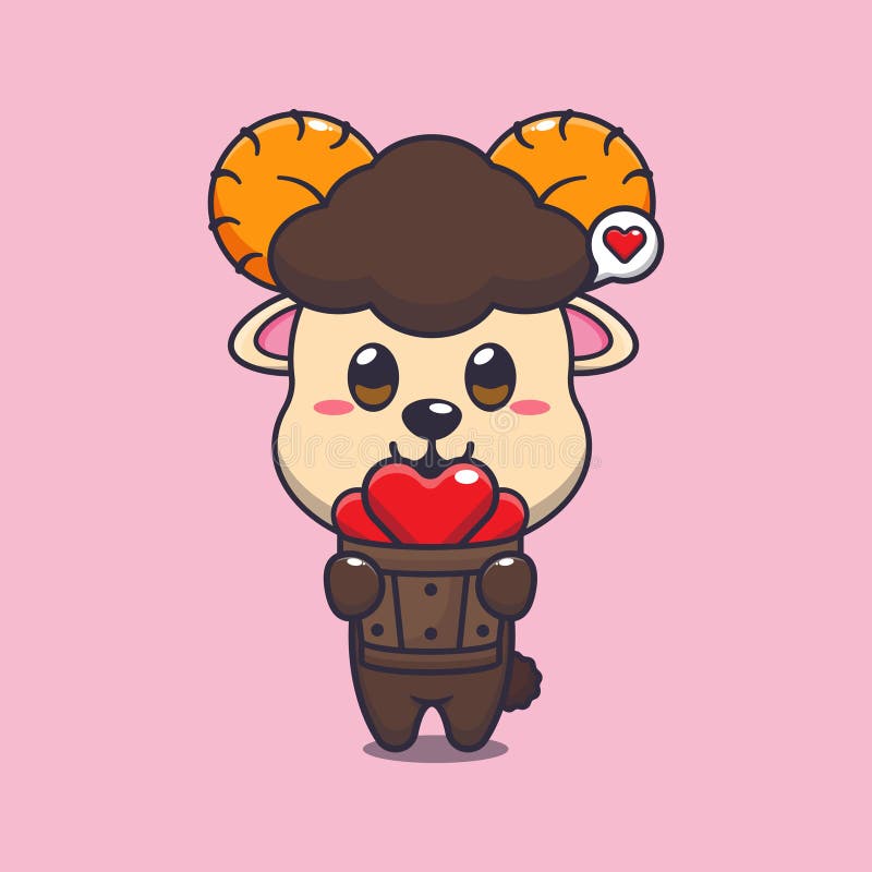 Cute Ram Sheep Cartoon Character Holding Love in Wood Bucket. Stock ...