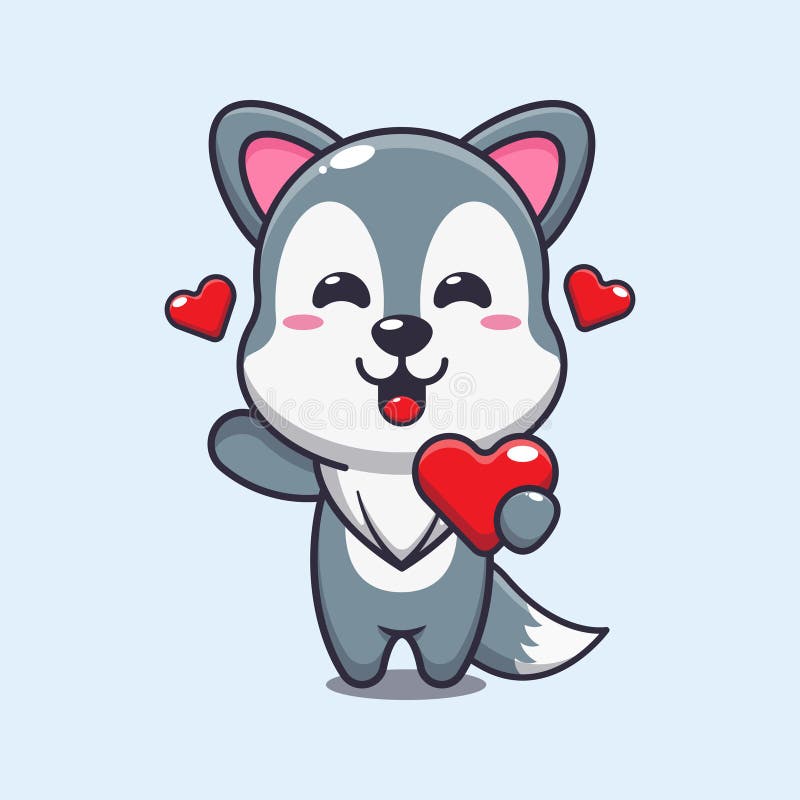 Cute Wolf Cartoon Character Holding Love Heart at Valentine S Day ...
