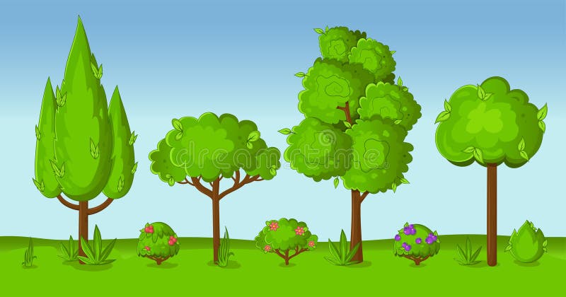Vector Set with Cartoon Trees and Bushes. Stock Vector - Illustration ...