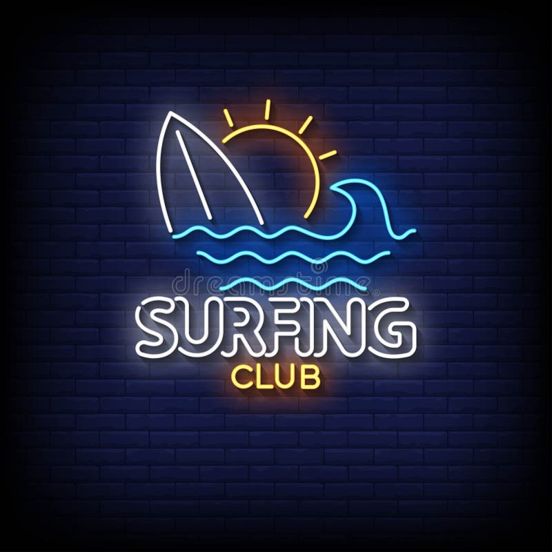 Neon Sign Surfing Club with Brick Wall Background Vector Stock ...