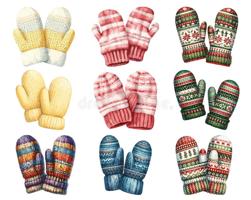 Watercolor Winter Mittens Set, Winter Accessories, Vector Illustration ...