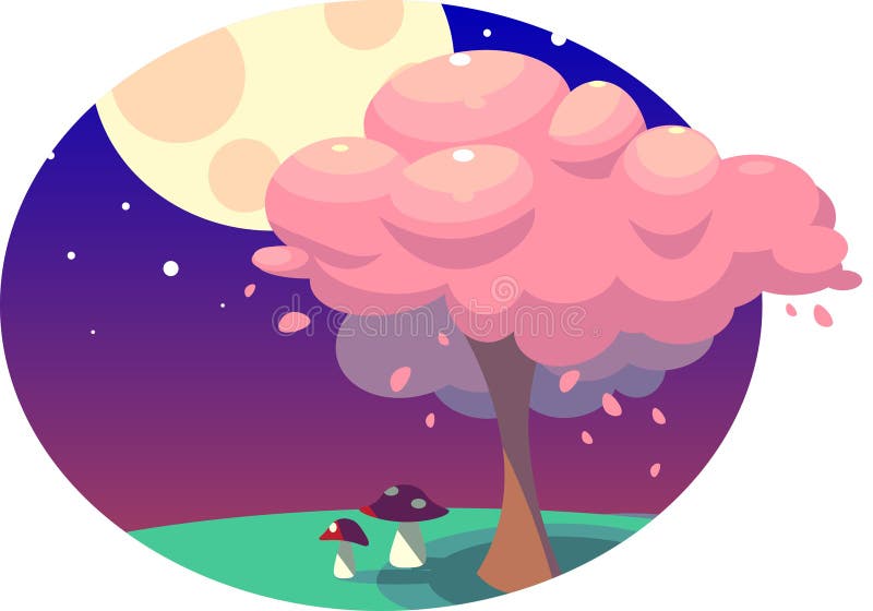 A Tree Against a Night Sky Illuminated by a Full Moon in a Cartoon ...