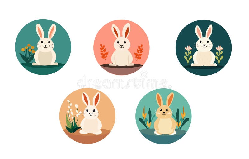 Set of Cute Easter Rabbits, Bunny in Circles. Stamps, Stickers. Sitting ...