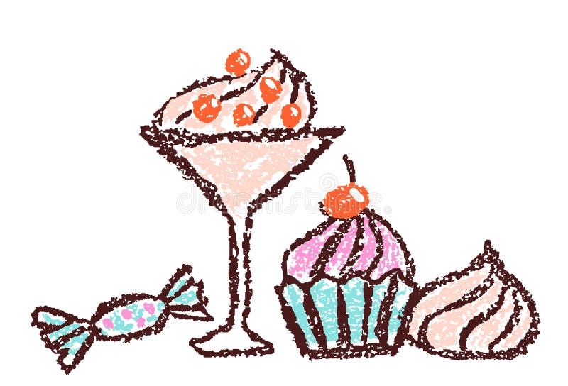 Doodle Hand Drawn Sweet Food Set. Crayon, Pencil or Pastel Chalk Like ...