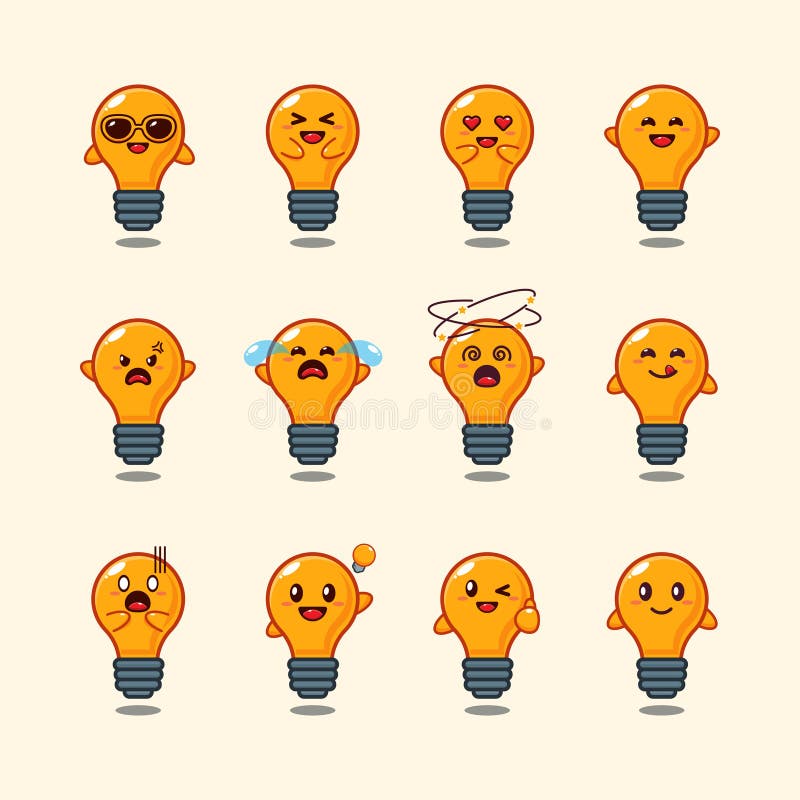 Cute Light Bulbs Cartoon Character Vector Illustration. Stock Vector ...