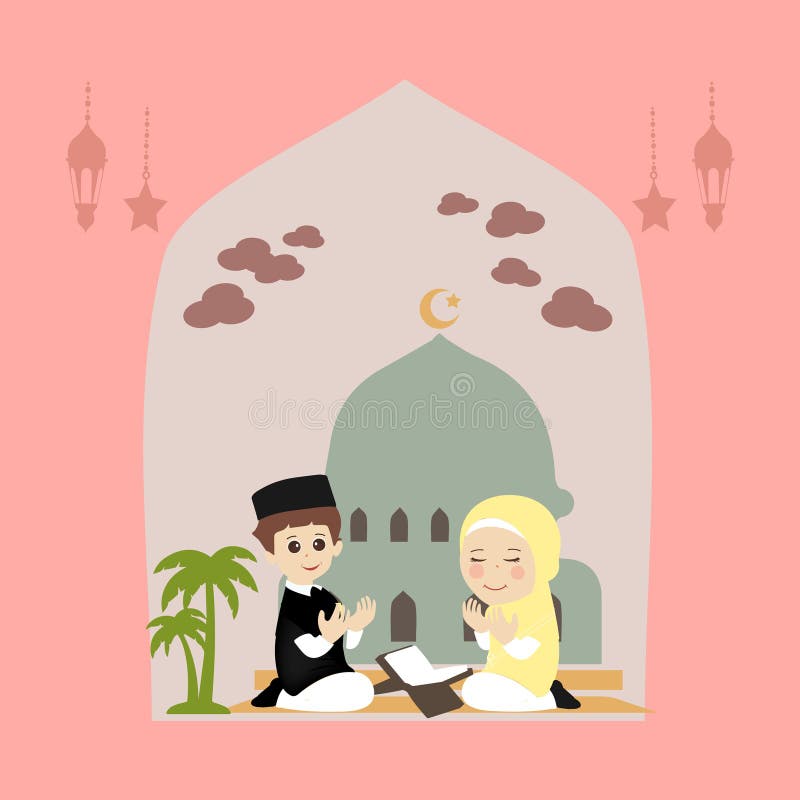 Happy Ramadan Kareem with Kids Character Illustration. Moslem Boy and ...