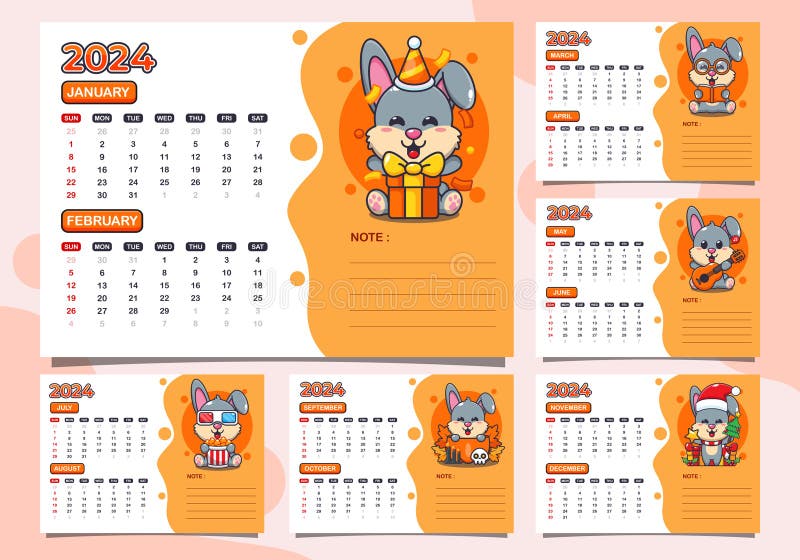 Calendar 2024 Year with Cute Rabbit Character. Stock Vector ...