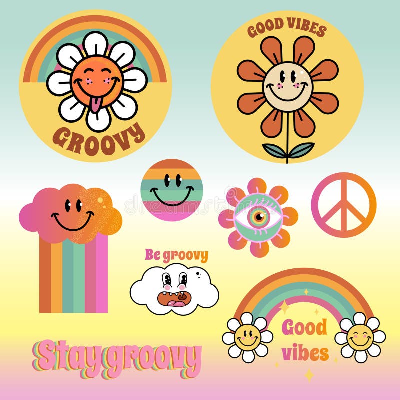 Vector Set with Retro Stickers in Groovy Style. Stock Vector ...