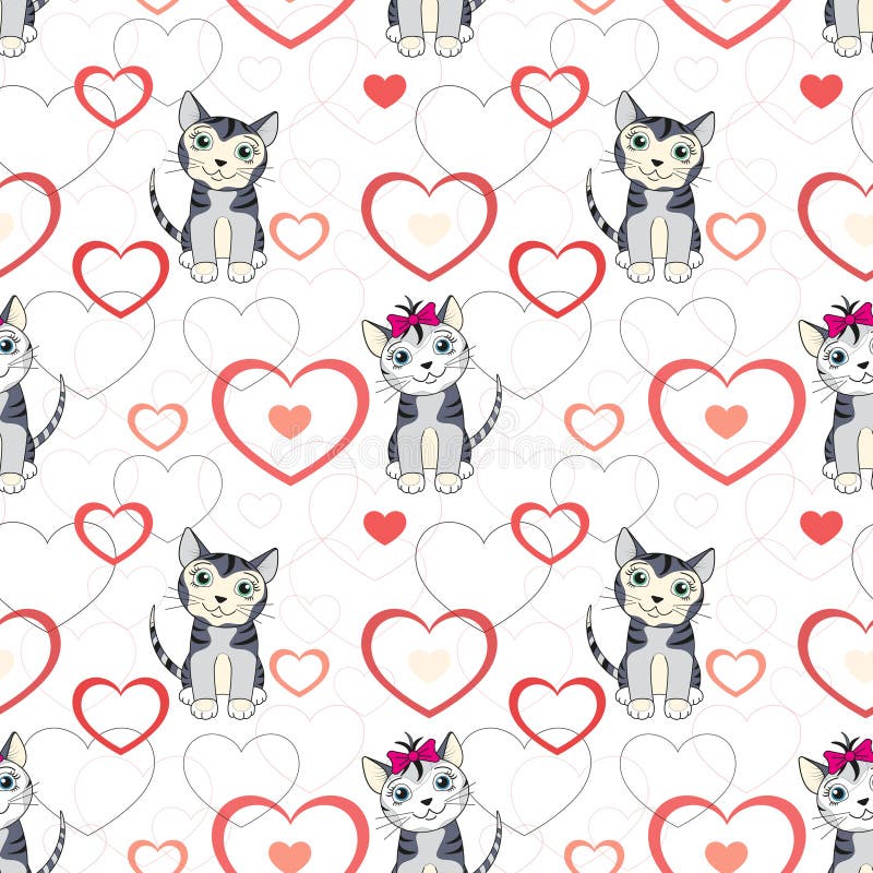 Cute Cats with Red Hearts Seamless Texture Pattern. Stock Vector ...