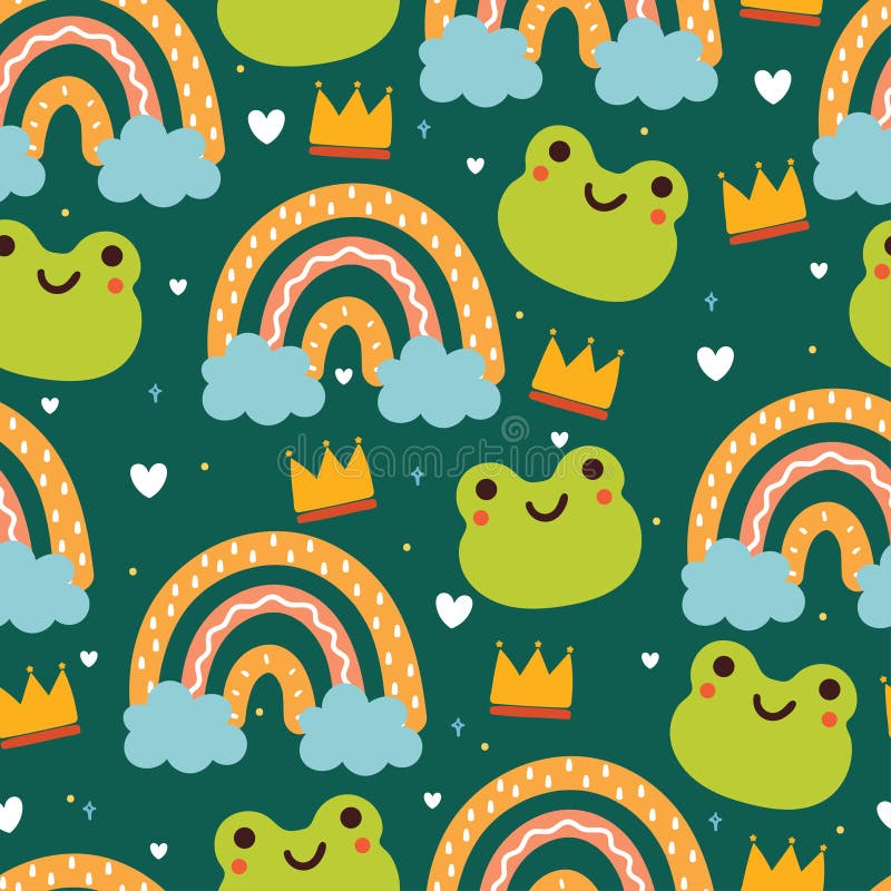 Seamless Pattern Cartoon Frog with Rainbow and Crown Stock Vector ...
