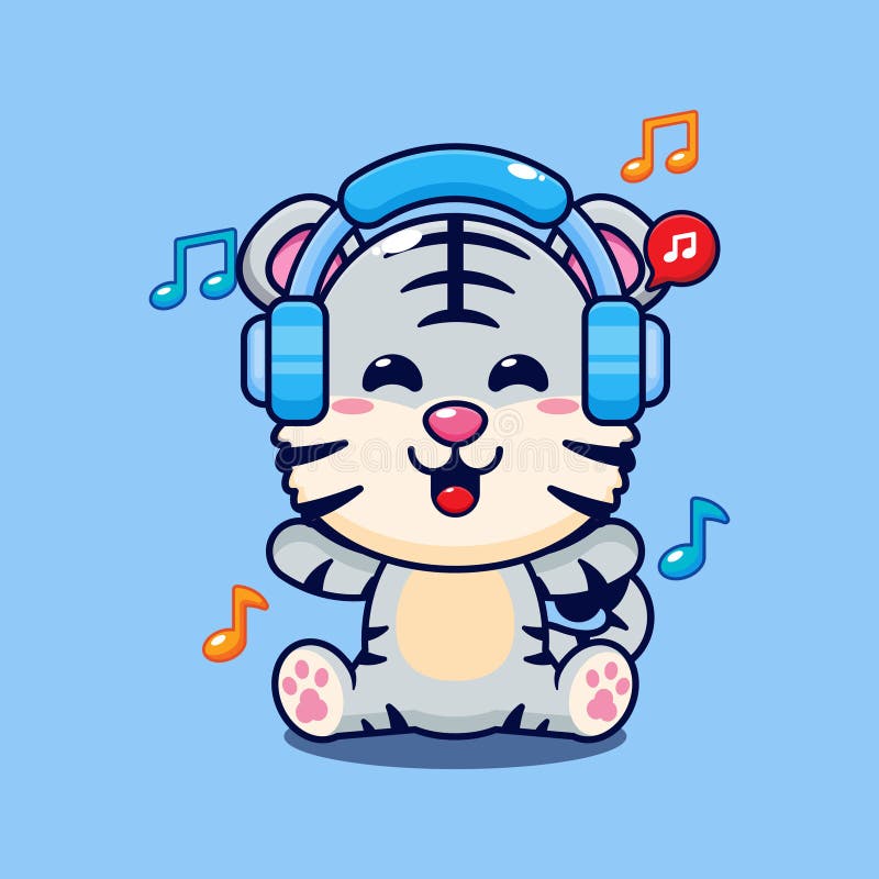 White Tiger Listening Music with Headphone Cartoon Vector Illustration ...