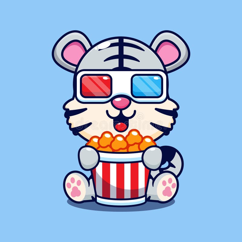 White Tiger Eating Popcorn and Watch 3d Movie Cartoon Vector ...