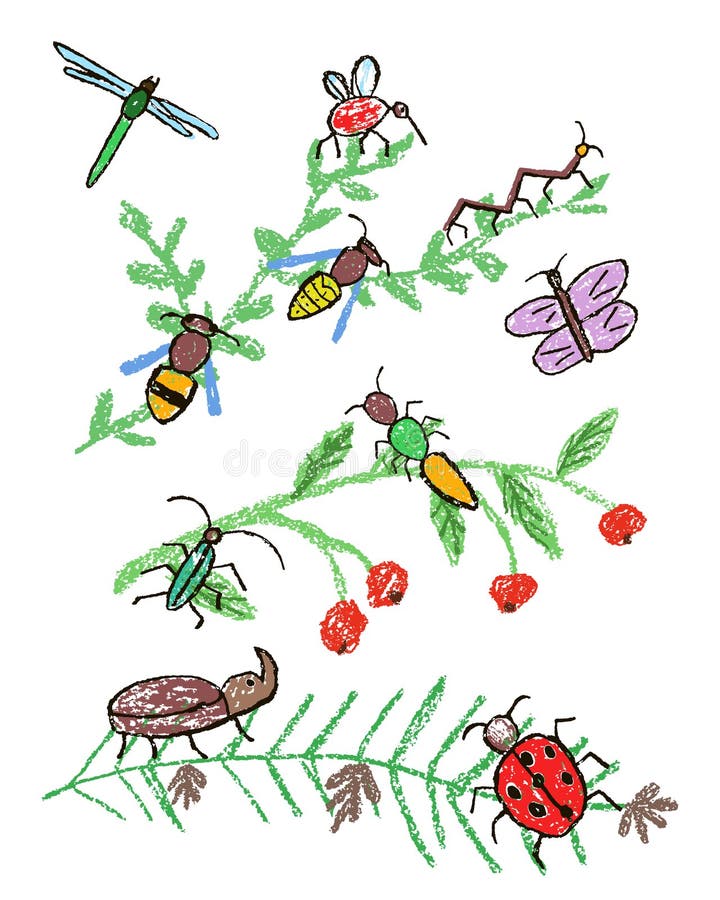 Crazy Doodle Insects on Plant Branch with Red Berry. Doodle Hand Drawn ...