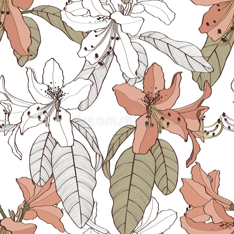 Seamless Pattern with Hand Drawn Rhododendron, Azalea Flowers Stock ...
