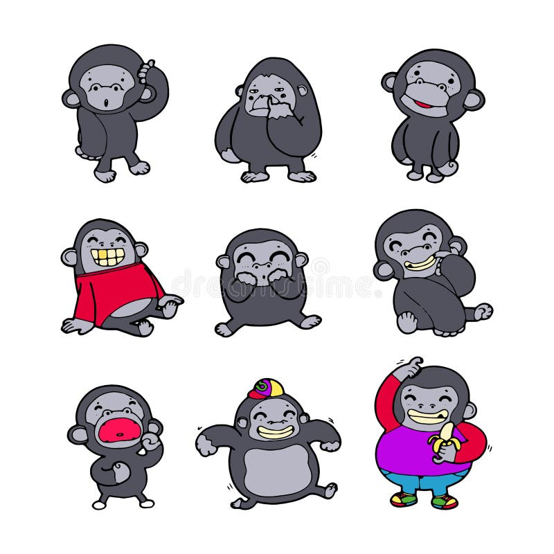 Set of Cartoon Monkey Doodle Comic Illustration Vector Isolated on ...