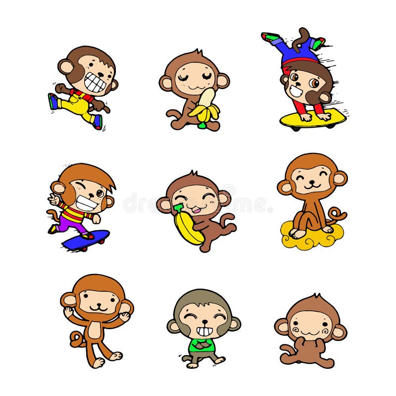 Set of Cartoon Monkey Doodle Comic Illustration Vector Isolated on ...
