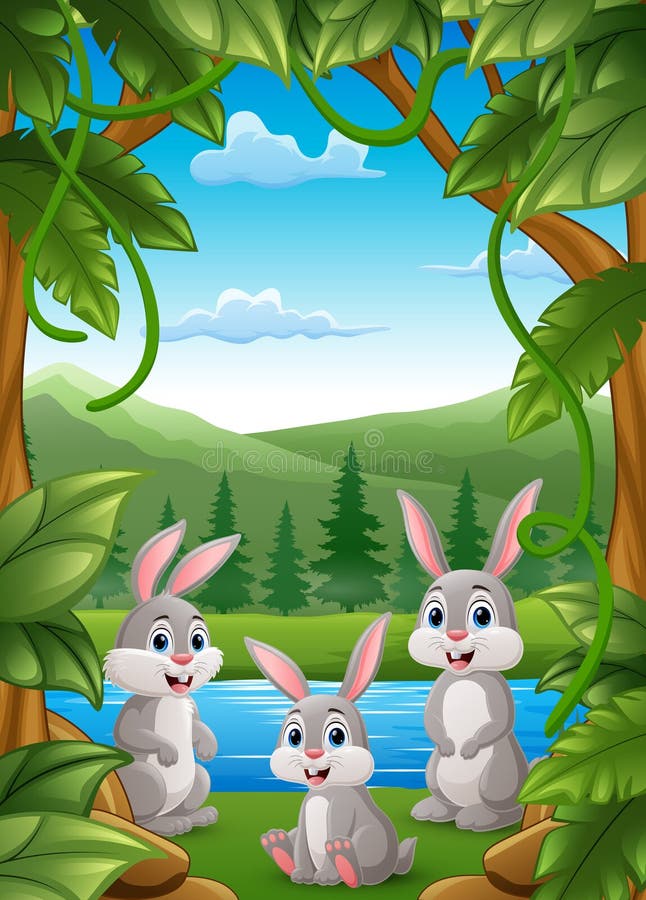 Cute Three Rabbits Cartoon in the Jungle Stock Vector - Illustration of ...