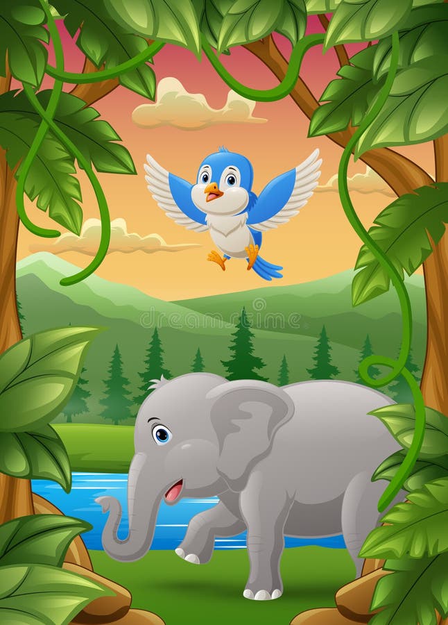 Cute Blue Bird and Elephant Cartoon in the Jungle Stock Vector ...