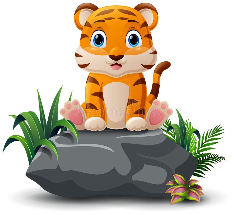 Cute Tiger Cartoon Sitting on the Stone Stock Vector - Illustration of ...