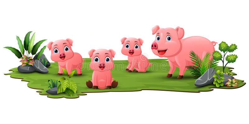 Cute Family Pig Cartoon in the Grass Stock Vector - Illustration of ...
