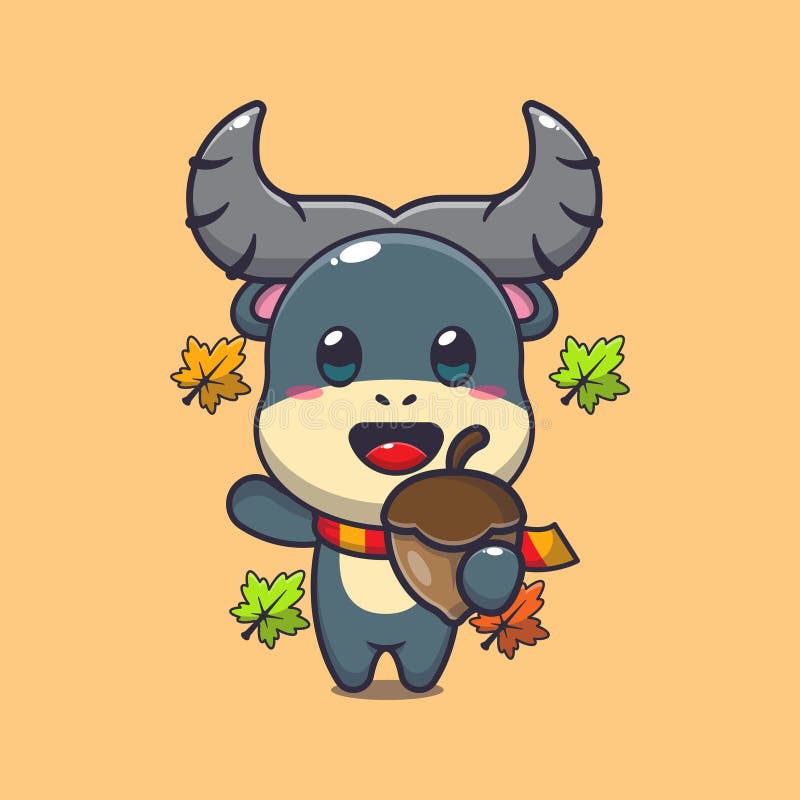 Cute Buffalo with Acorns at Autumn Season. Stock Vector - Illustration ...