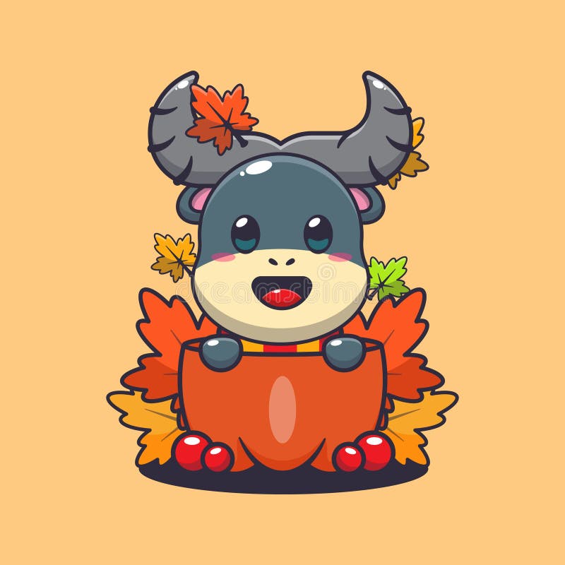 Cute Buffalo in a Pumpkin at Autumn Season. Stock Vector - Illustration ...