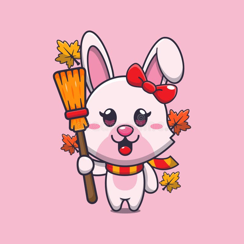 Cute Autumn Bunny Holding Broom. Stock Vector - Illustration of hare ...