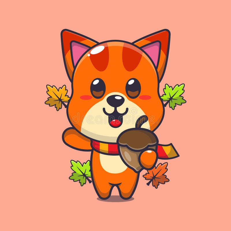 Cute Cat with Acorns at Autumn Season. Stock Vector - Illustration of ...